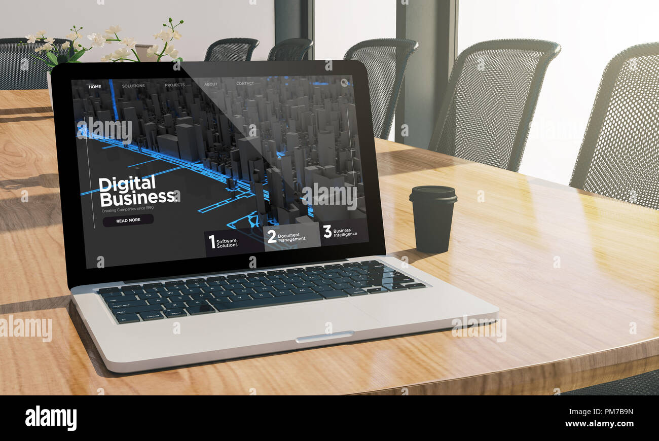 digital business website on screen laptop at conference room 3d ...