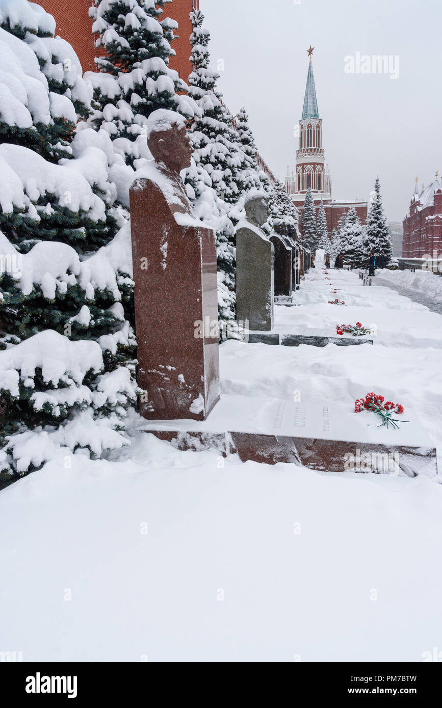 Moscow, Russia - January 31, 2018: Tombs in front of the Kremlin wall ...