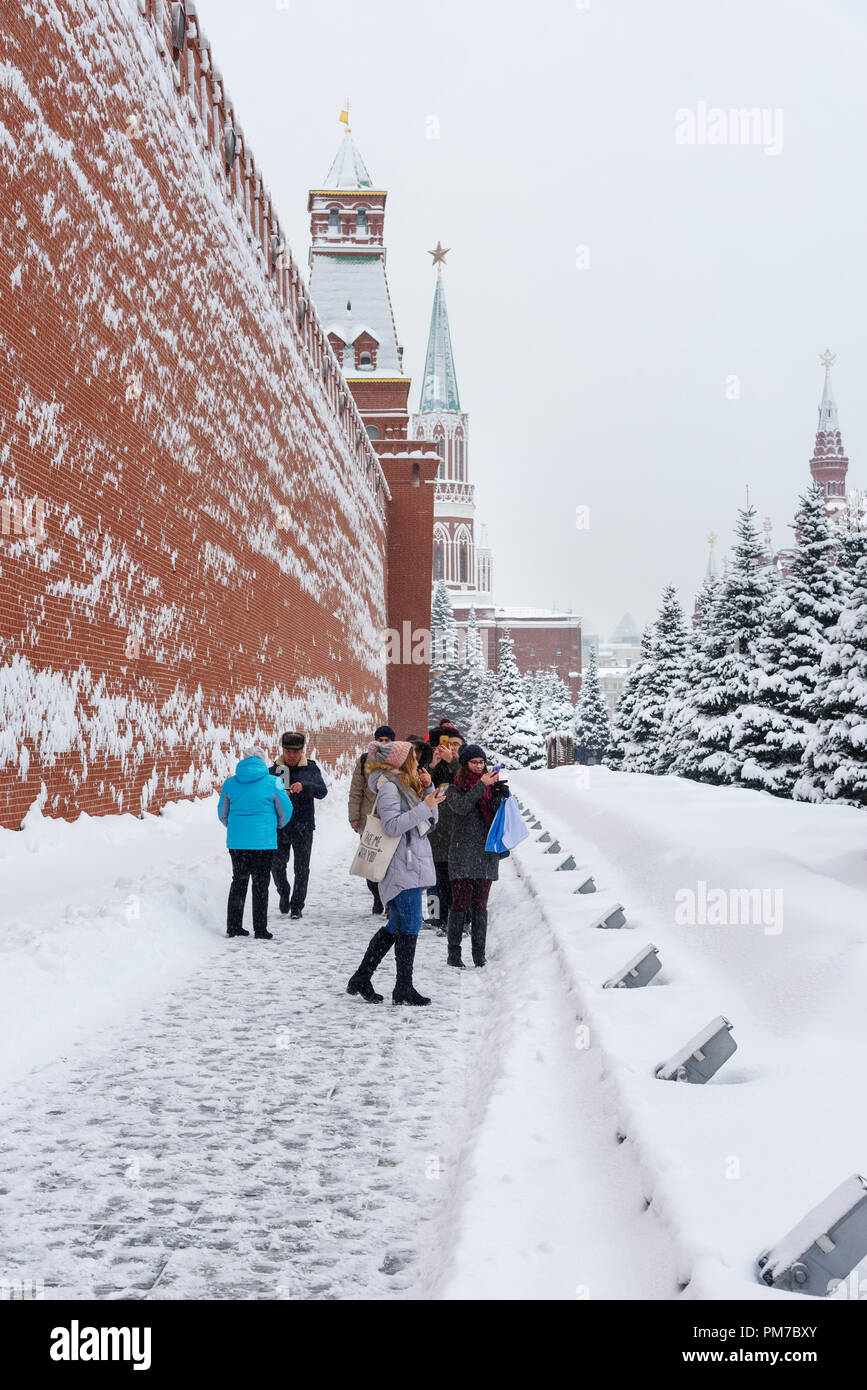 Moscow, Russia - January 31, 2018: View of Kremlin wall. People go from ...