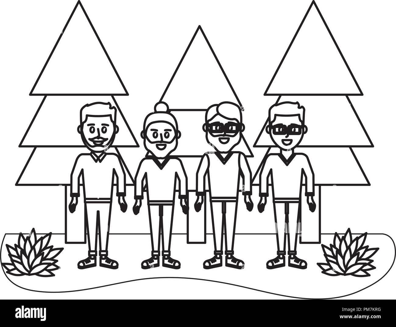 outline happy men friends with pine trees Stock Vector Image & Art - Alamy