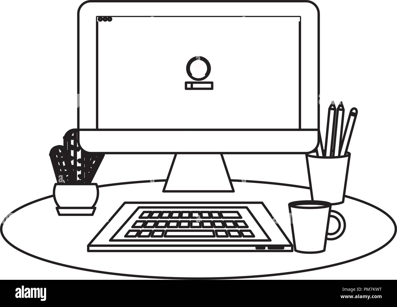 outline office computer with keyboard and coffee with plant Stock ...
