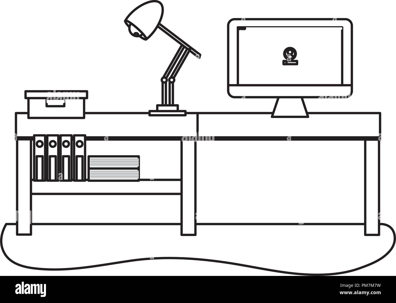 outline office desk with computer and lamp with books Stock Vector ...