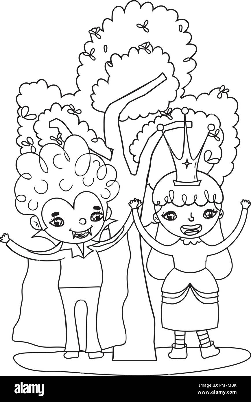 outline boy vampire and girl queen with tree Stock Vector Image & Art ...