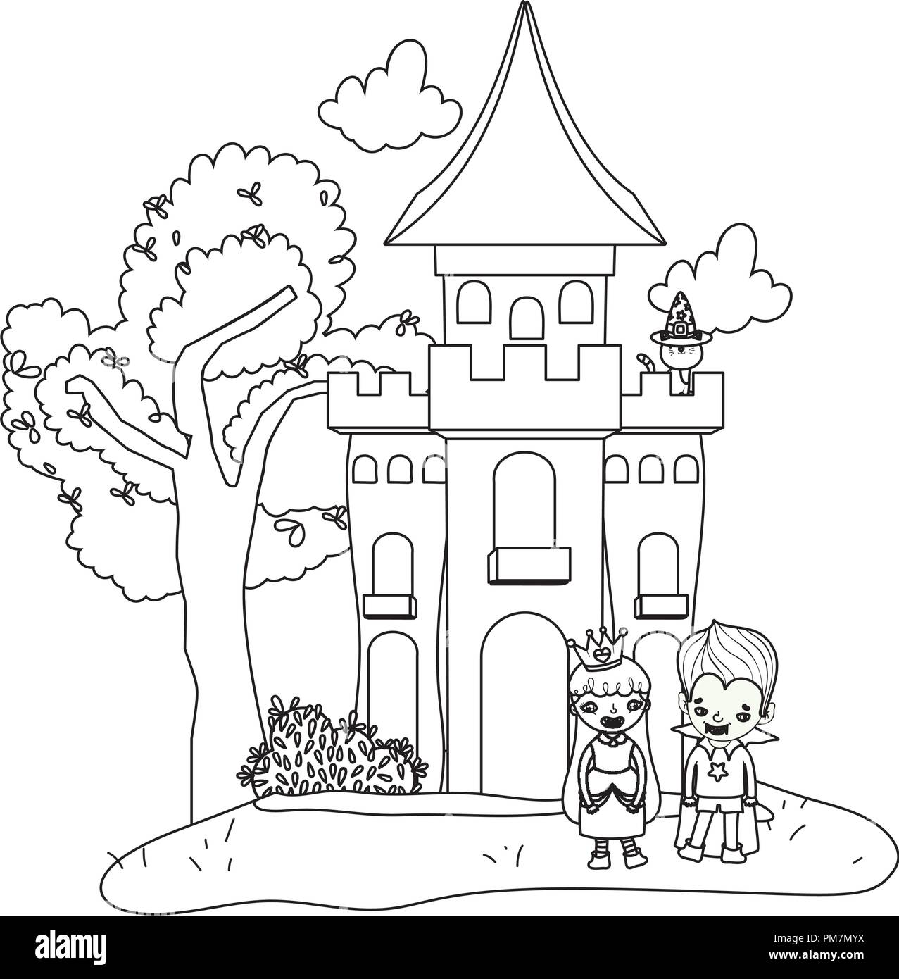 outline horror castle with children costume and cat Stock Vector Image ...