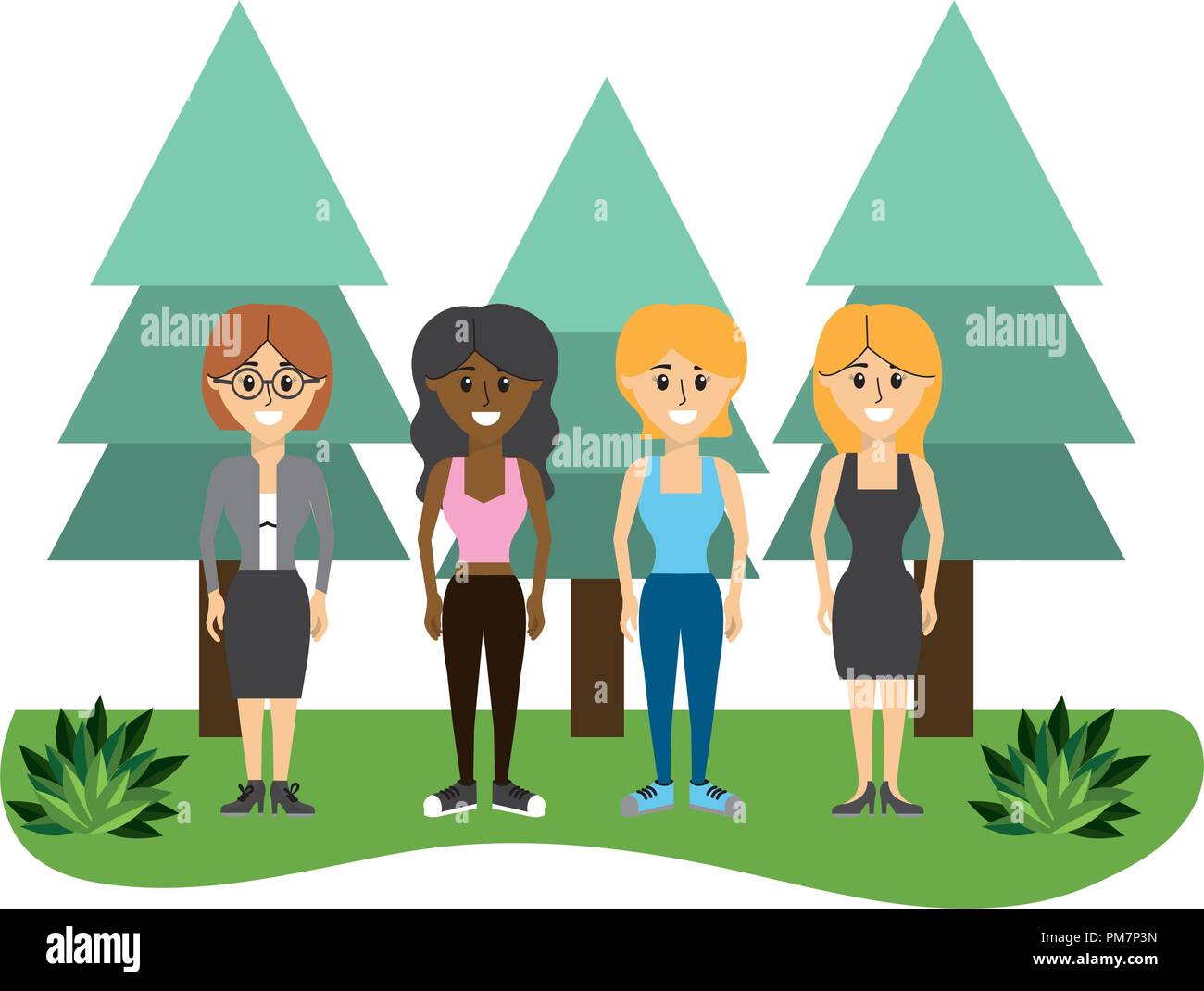 women friends together with pine trees Stock Vector Image & Art - Alamy