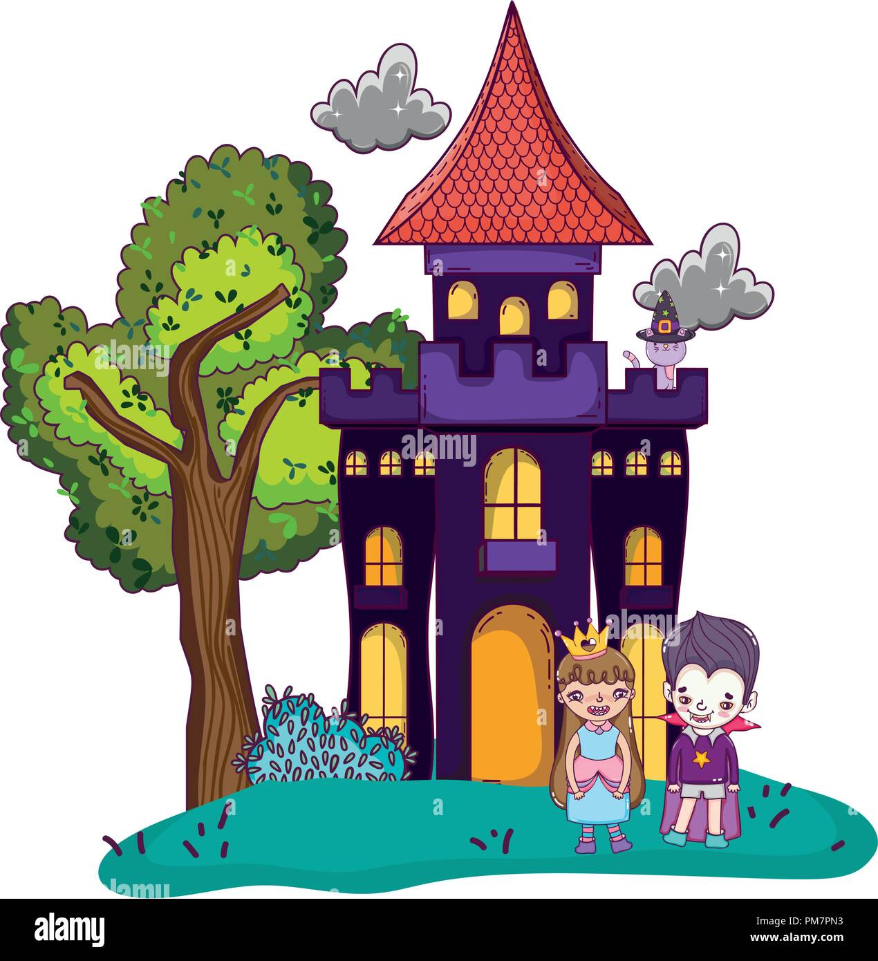 horror castle with children costume and cat Stock Vector Image & Art ...