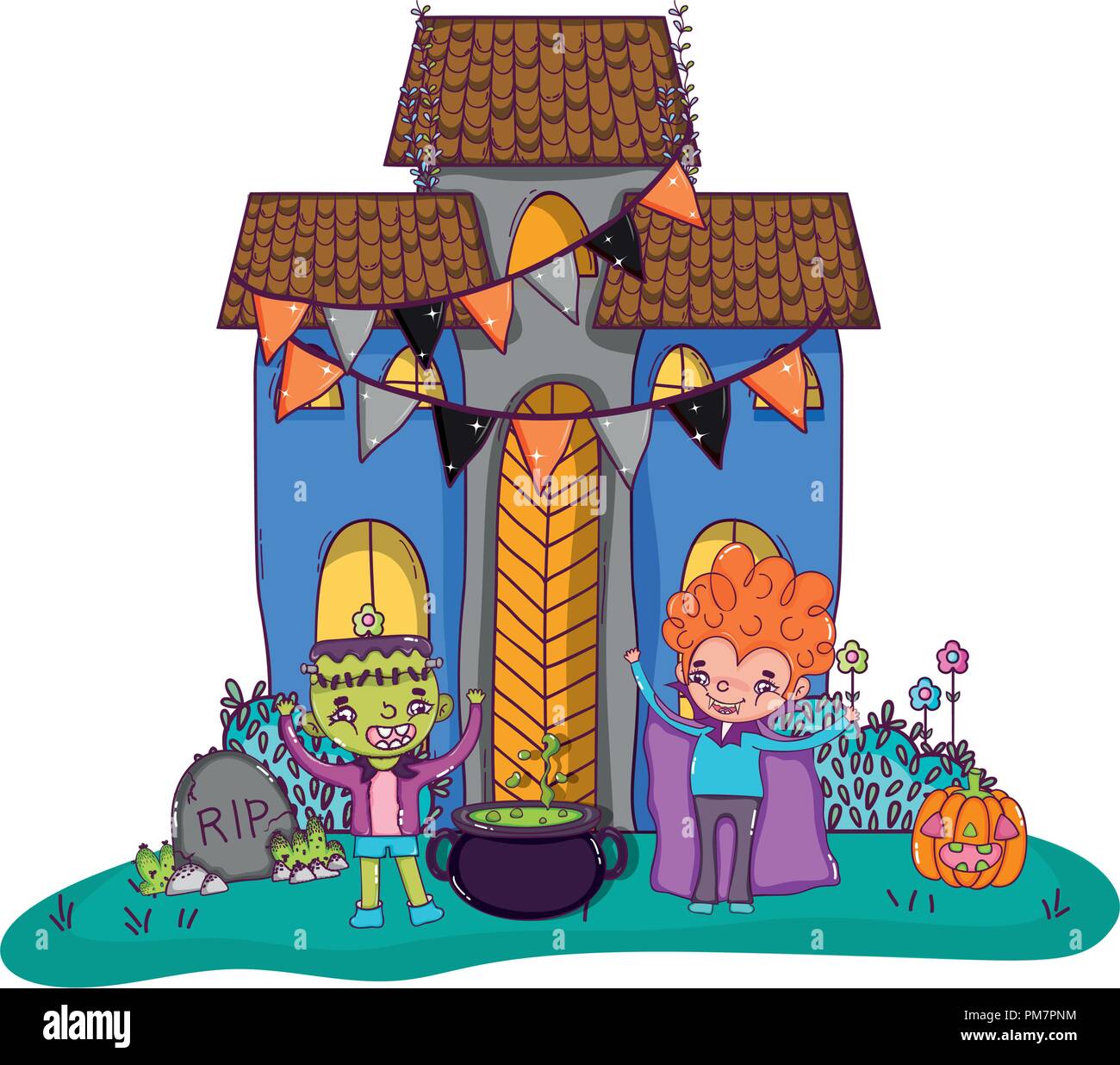 scary castle with children costume and pot cauldron Stock Vector Image ...