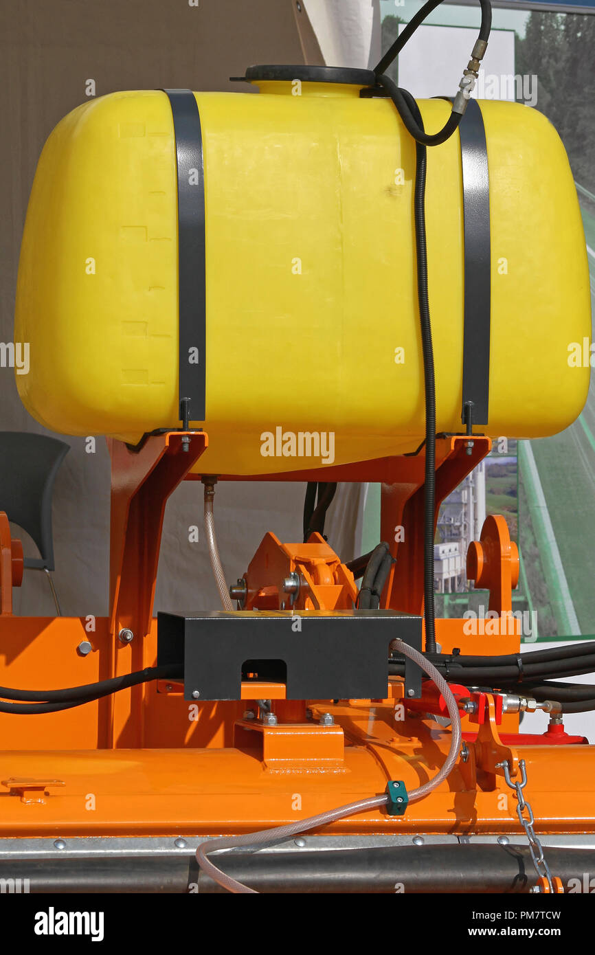 Big Yellow Plastic Tank at Agriculture Sprayer Machine Stock Photo - Alamy