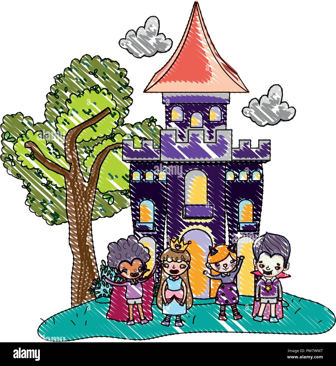 grated scary castle with funny children costumed Stock Vector Image ...
