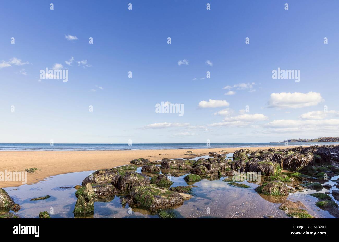 A pool of water with rocks on the beach at Sabdsend. Whitby can be seen ...