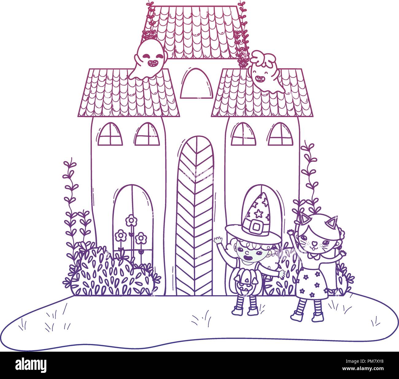 degraded outline scary castle with ghosts and girls costumes Stock ...