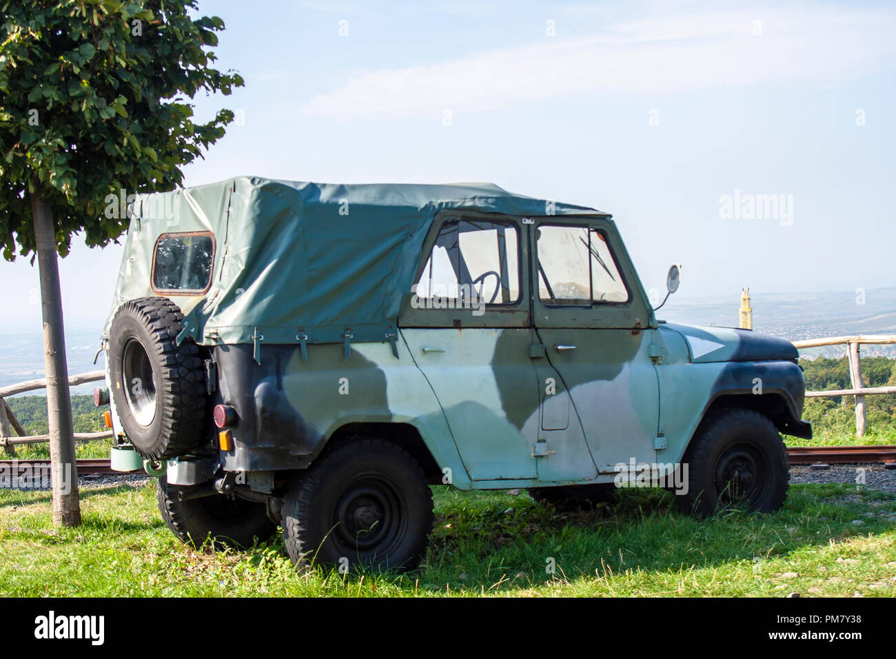 Commander jeep military vehicle with landscape background Stock Photo ...