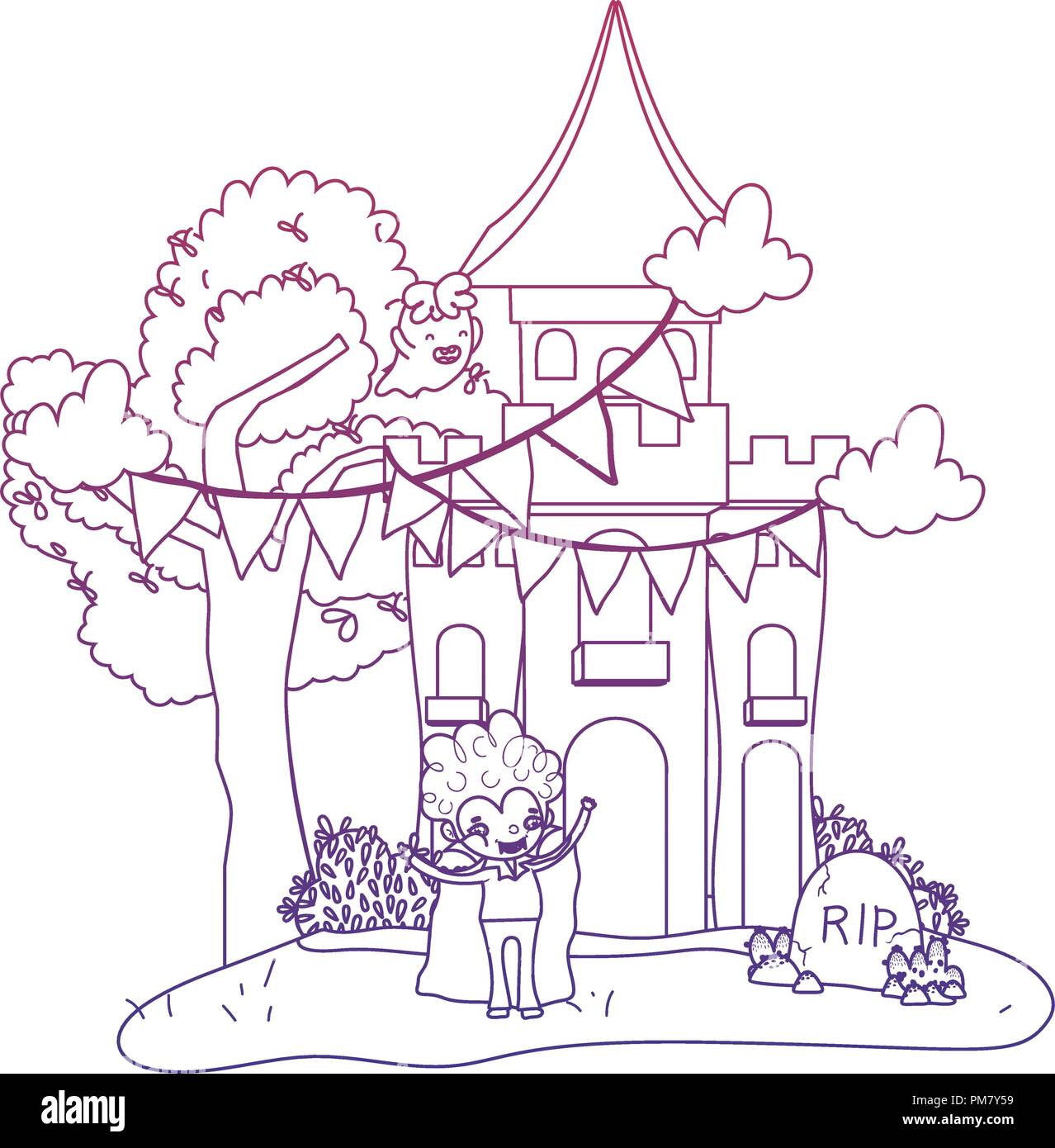degraded outline scary castle with boy vampire and halloween costume ...
