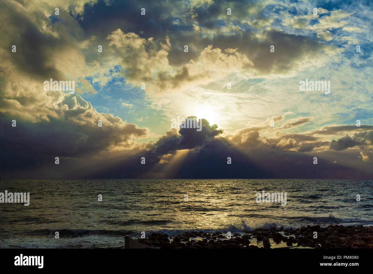 Dramatic Light with Sun Rays and Heavy Clouds above Mediterranean Sea ...