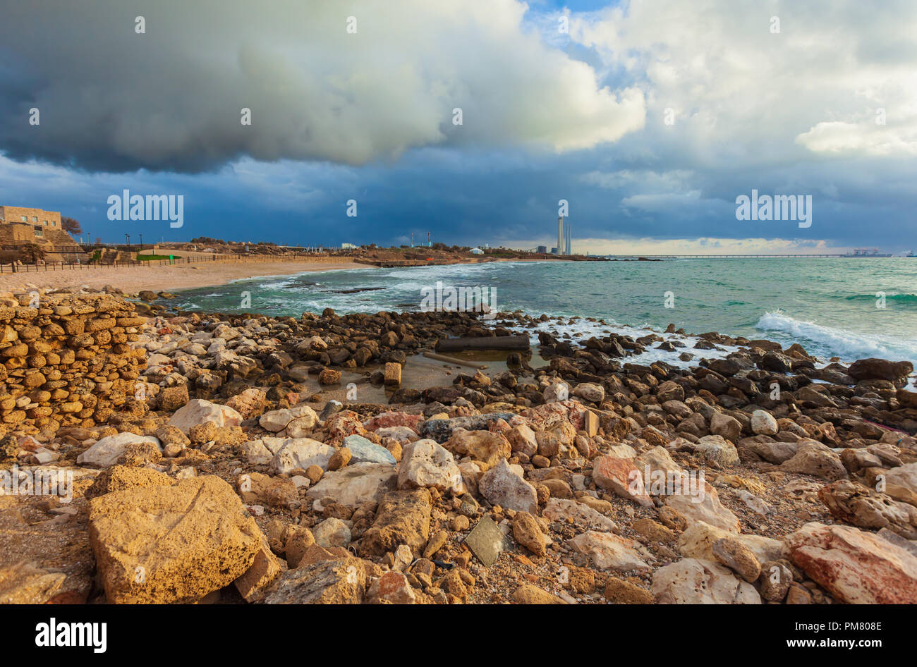 Sea Coast and Ruins of Caesarea Maritima before Sunset, Israel Stock ...