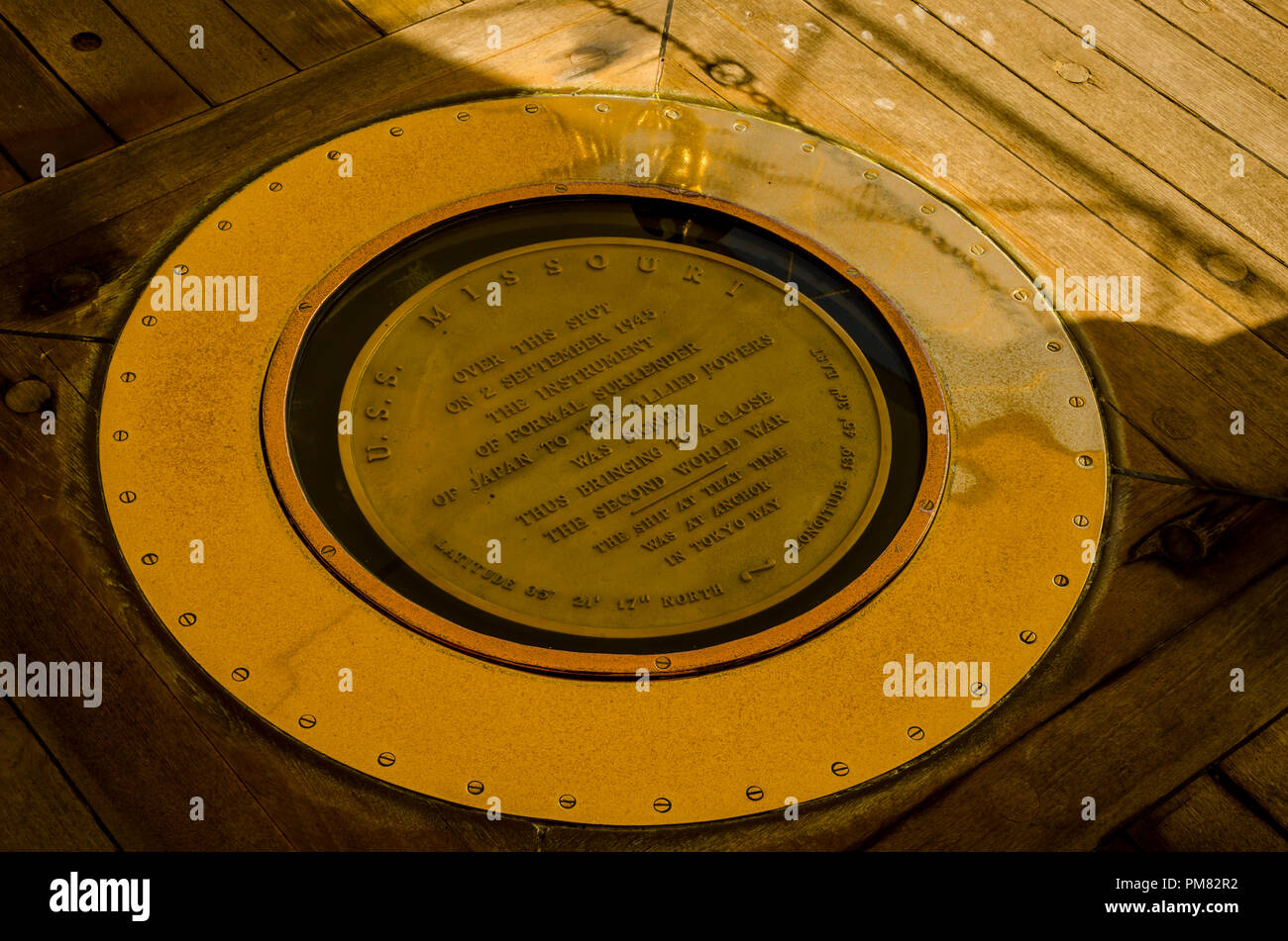 Plaque commemorating the surrender of Japan to end World War II onboard ...