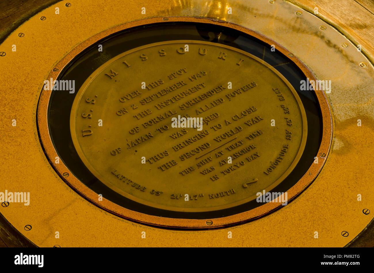 Plaque commemorating the surrender of Japan to end World War II onboard ...