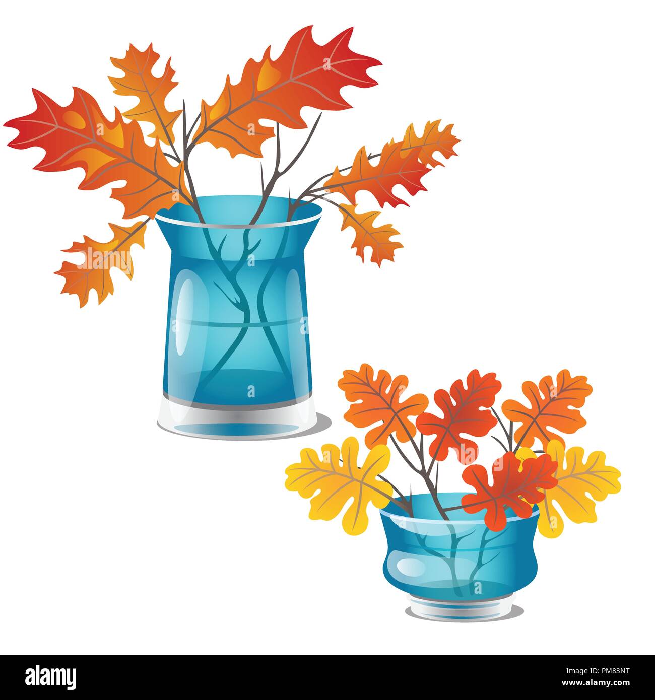 Autumn twigs with yellow oak leaves are in a transparent glass vase ...