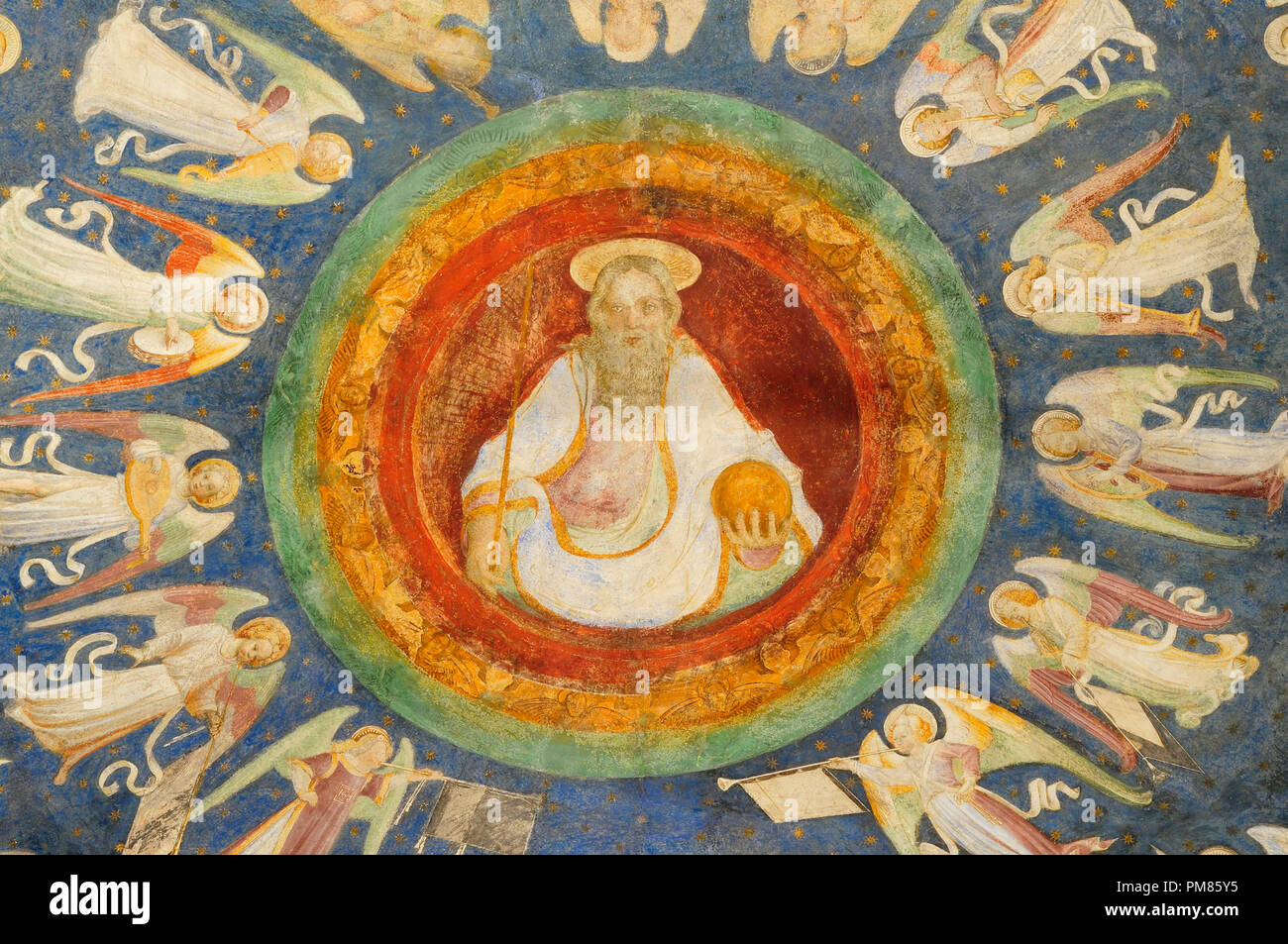 Italy, Lombardy, Milan, 15th Century ceiling fresco of God surrounded ...
