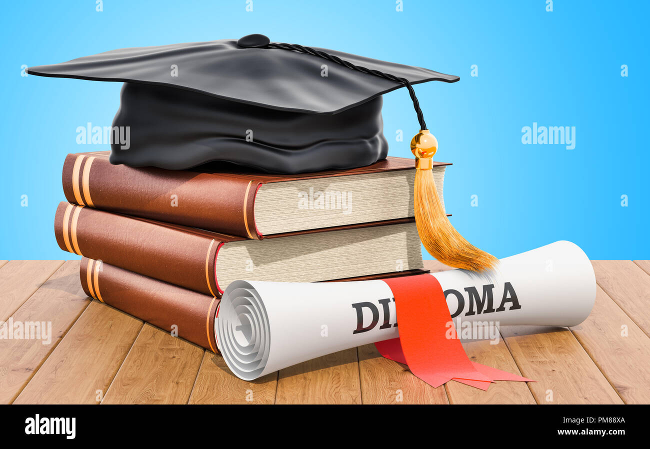 Education concept. Books with graduation cap and diploma on the wooden ...