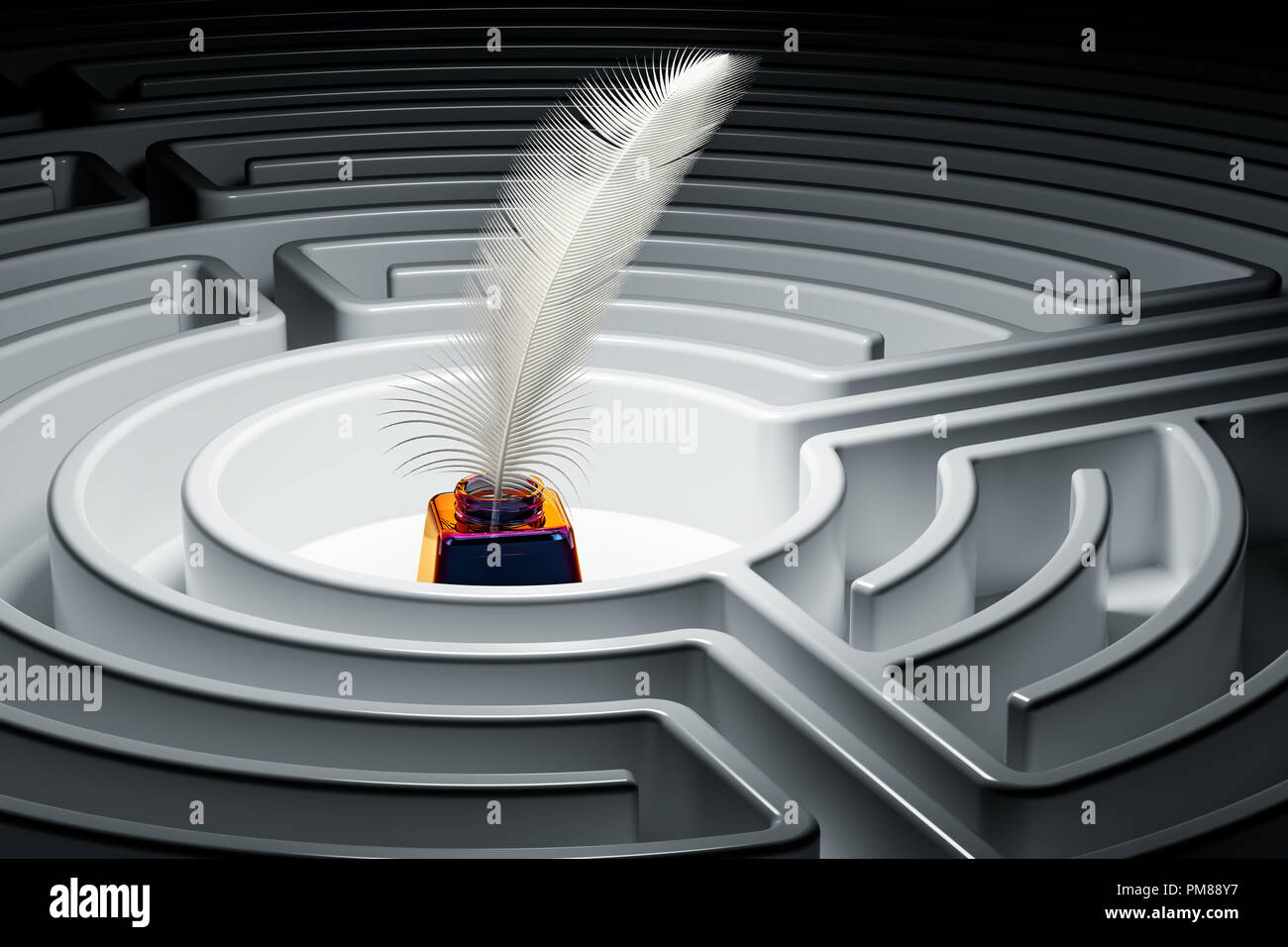 Feather and ink bottle inside labyrinth maze. 3D rendering Stock Photo ...