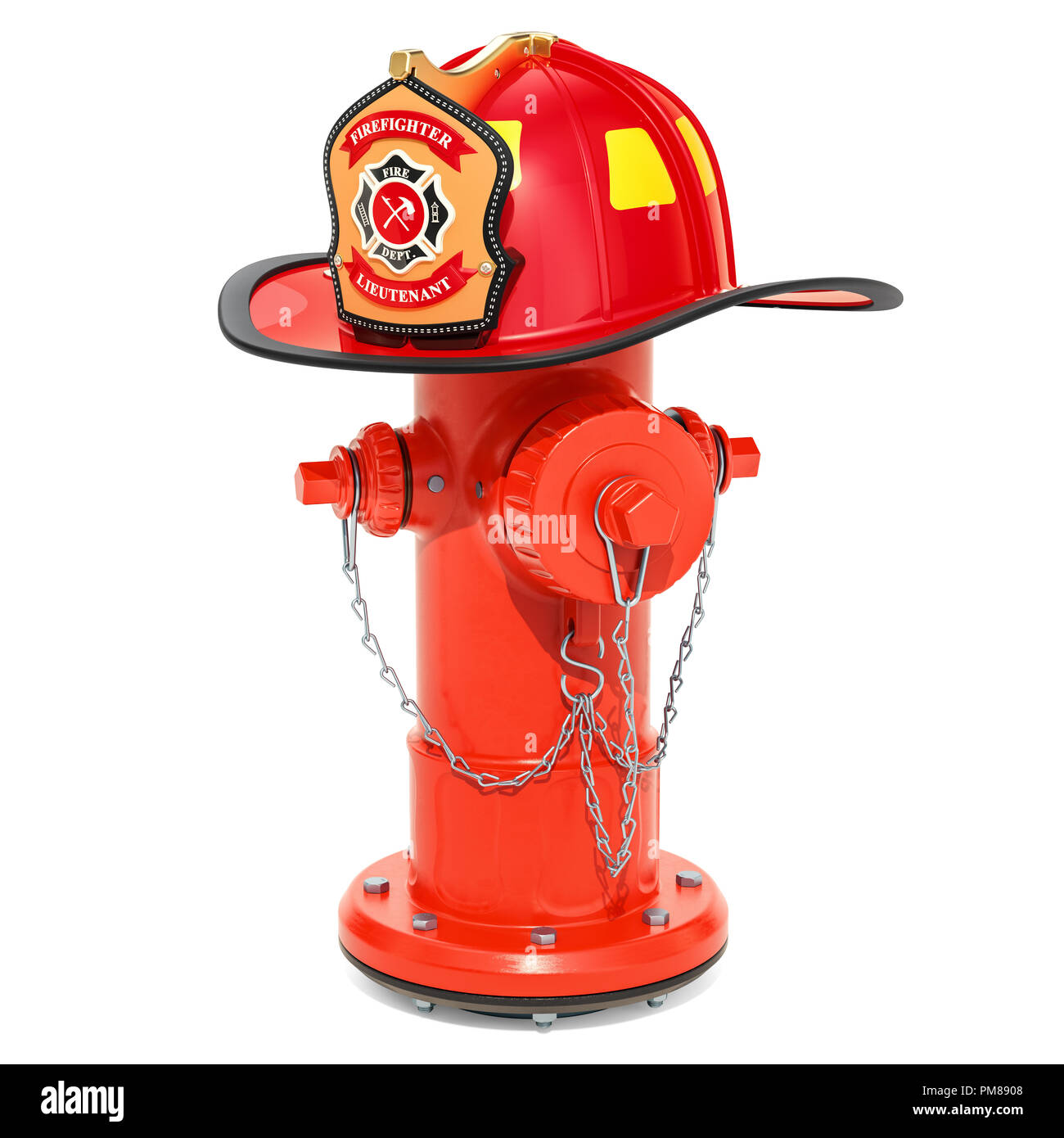 Fire Hydrant with firefighter helmet, 3D rendering isolated on white ...