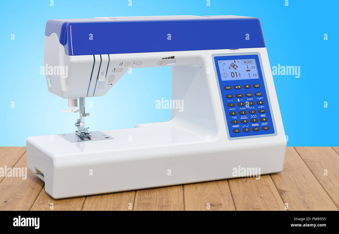 Modern electronic sewing machine on the wooden table, 3D rendering ...