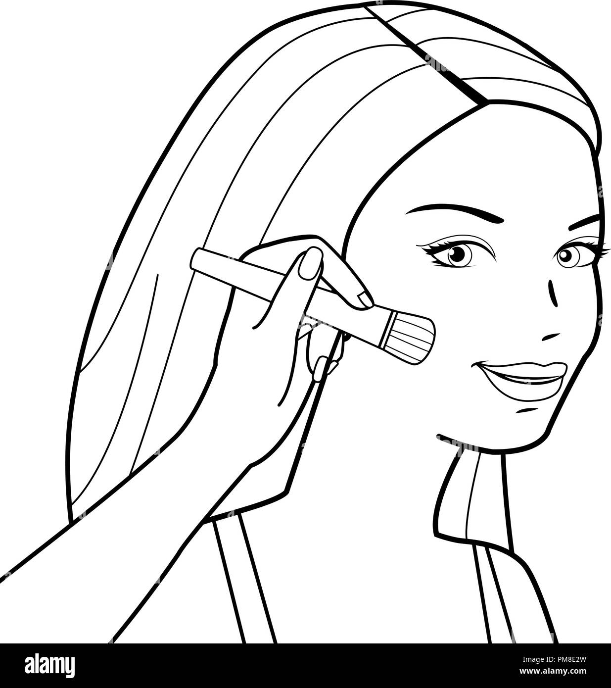 A beautiful young woman putting blush on her cheeks. Vector black and ...