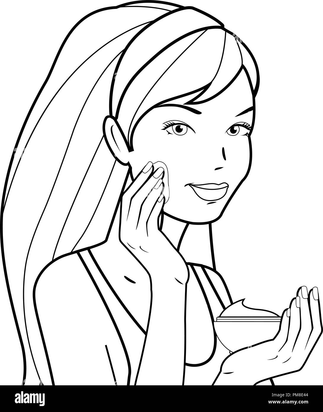 Vector illustration of a beautiful young woman applying moisturizing ...