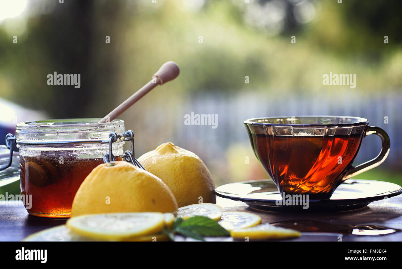 Tea with lemon and mint in nature. A cup of hot mint tea with le Stock ...