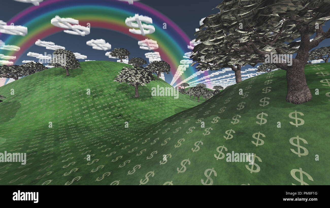 Landscape with Currency Trees, Dollar sign clouds and rainbow Stock ...