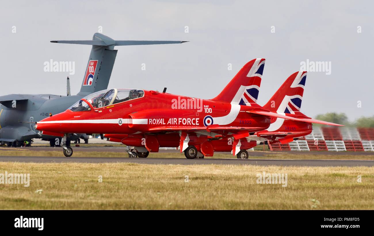 The Red Arrows Hawk jets prepare for takeoff at the 2018 Royal International Air Tattoo Stock ...