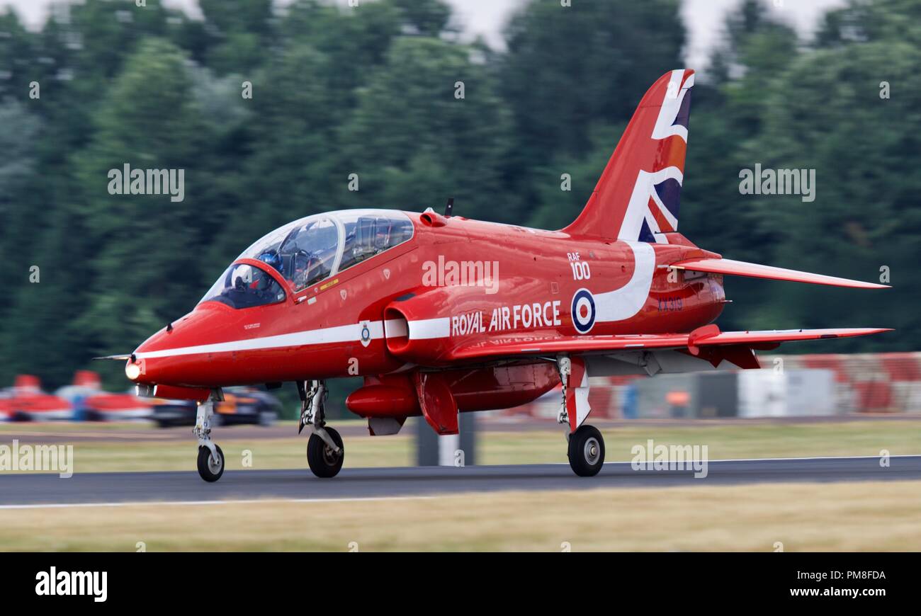 Royal Air Force Red Arrows BAE Systems Hawk T1/T1A jet taking off at the 2018 Royal ...