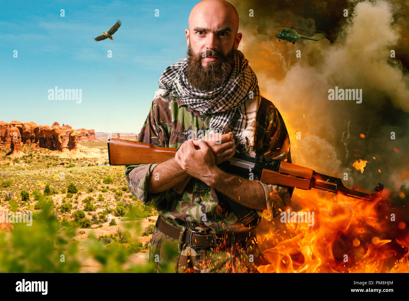 Bearded terrorist in uniform holds rifle in hands. Terrorism and terror ...