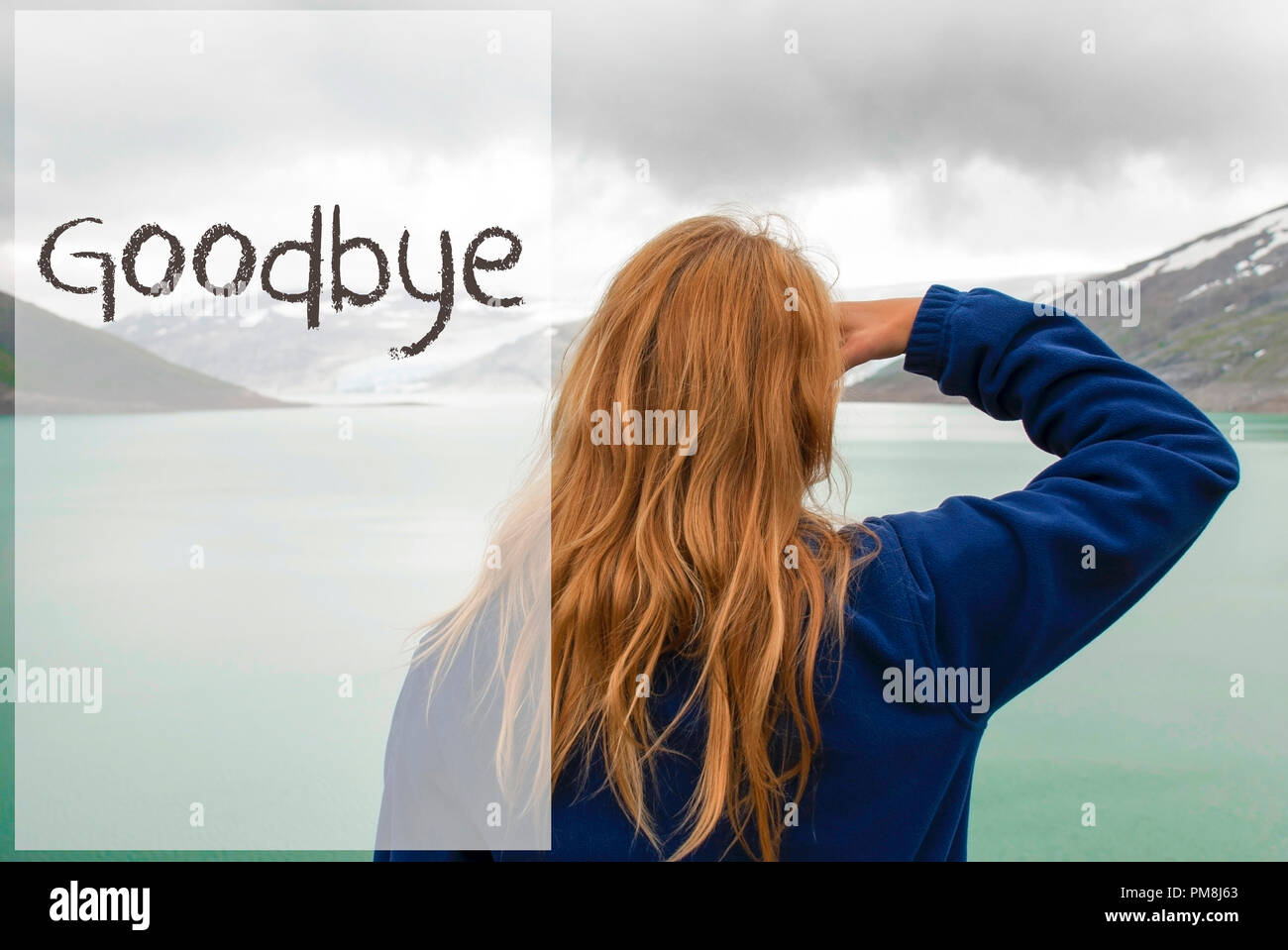 English Text Goodbye. Caucasian Woman Enjoys The View To A Glacier In ...