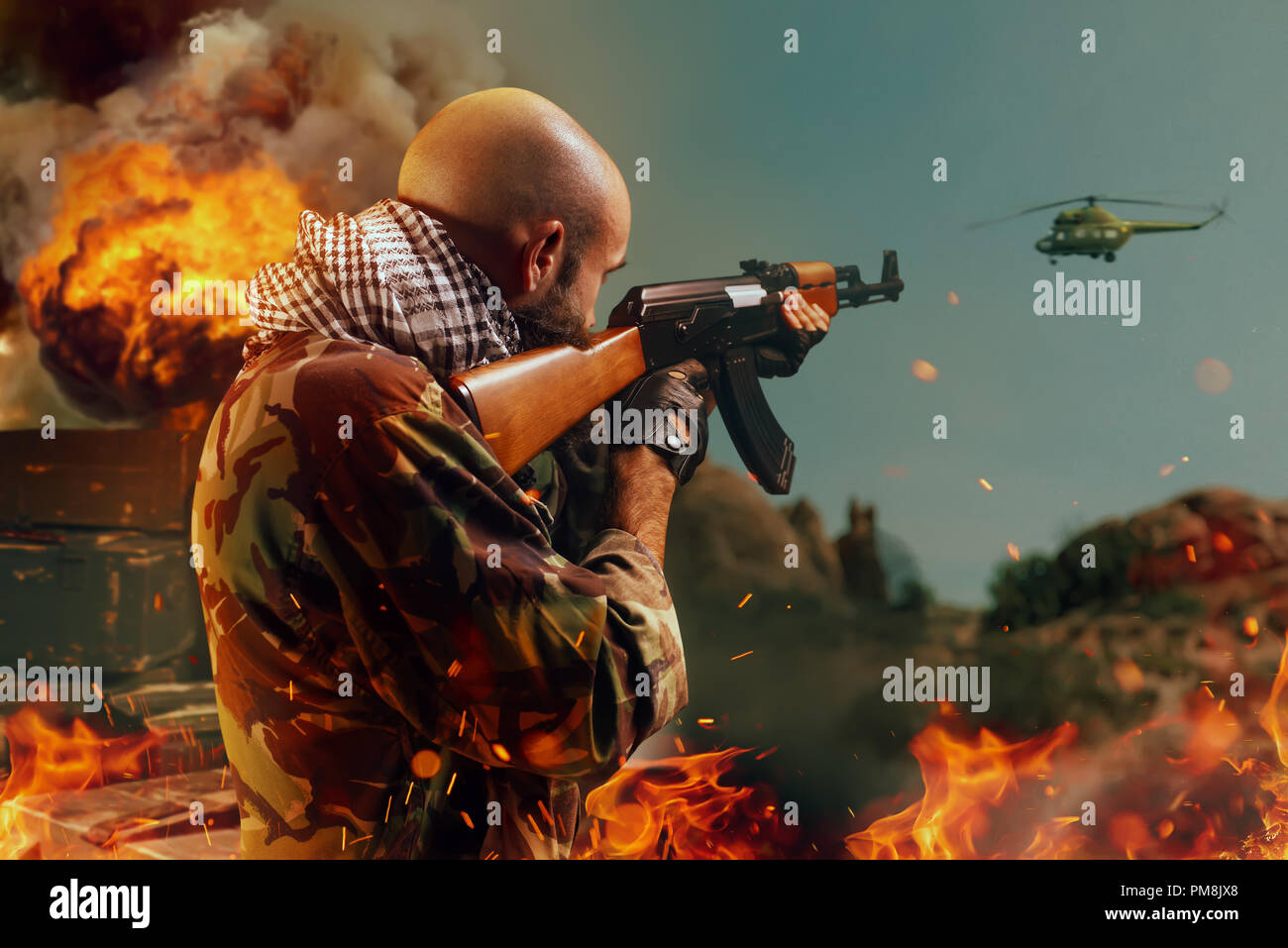 Bearded terrorist shoots the helicopter from a rifle, explosion and ...