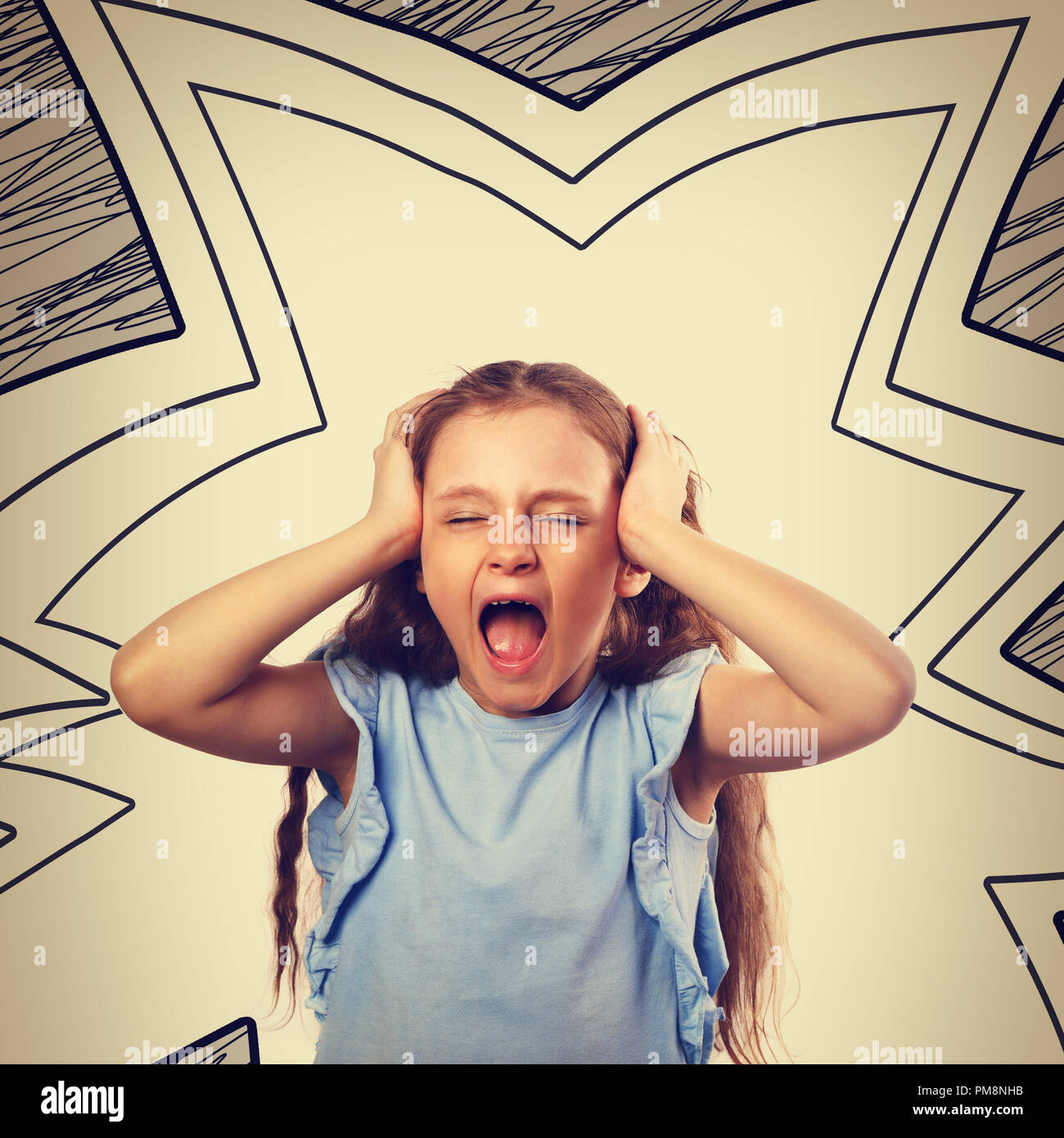 Suffering unhappy crying with open mouth kid girl holding the head on ...