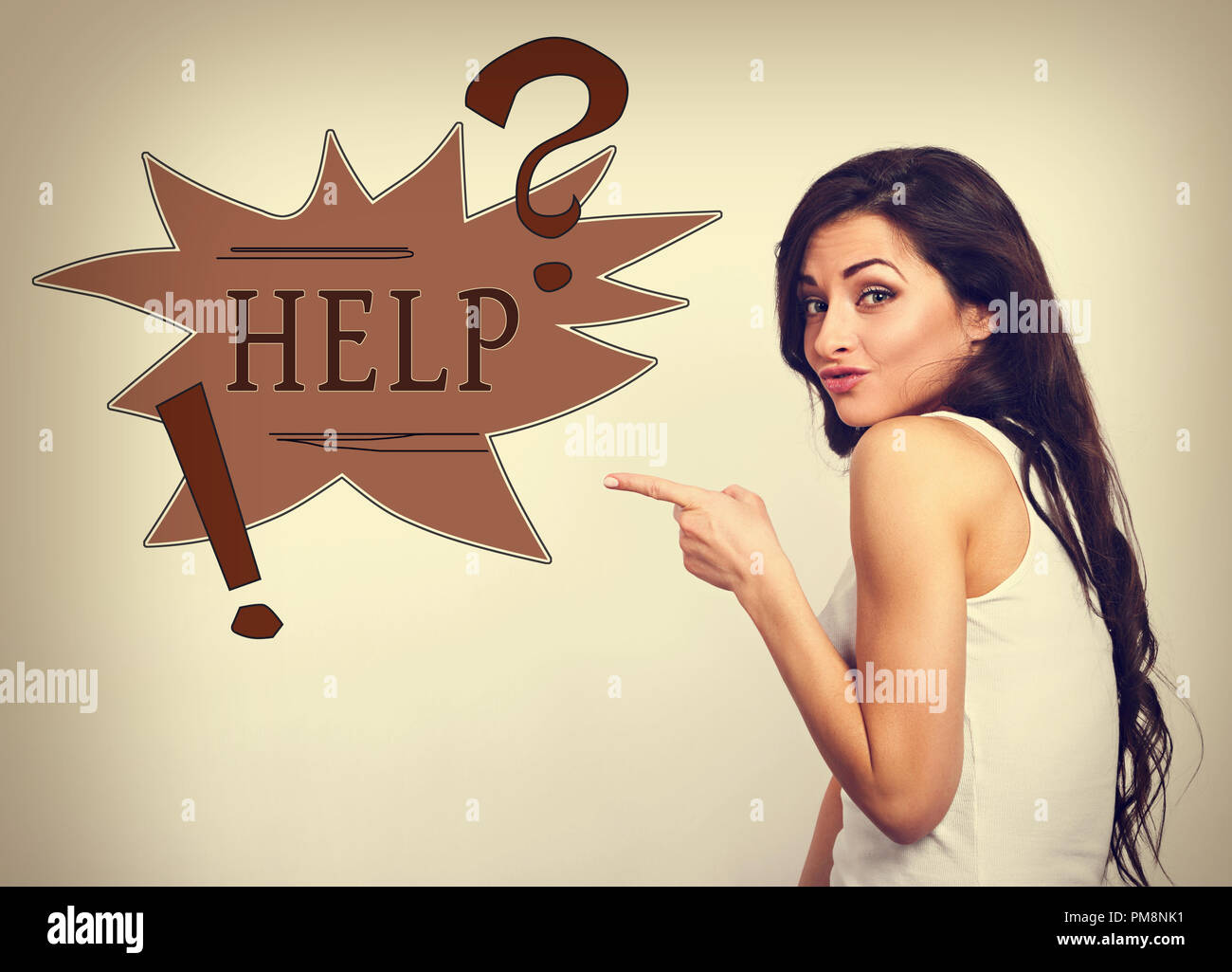 Happy smiling excited woman showing the finger on the speech bubble ...