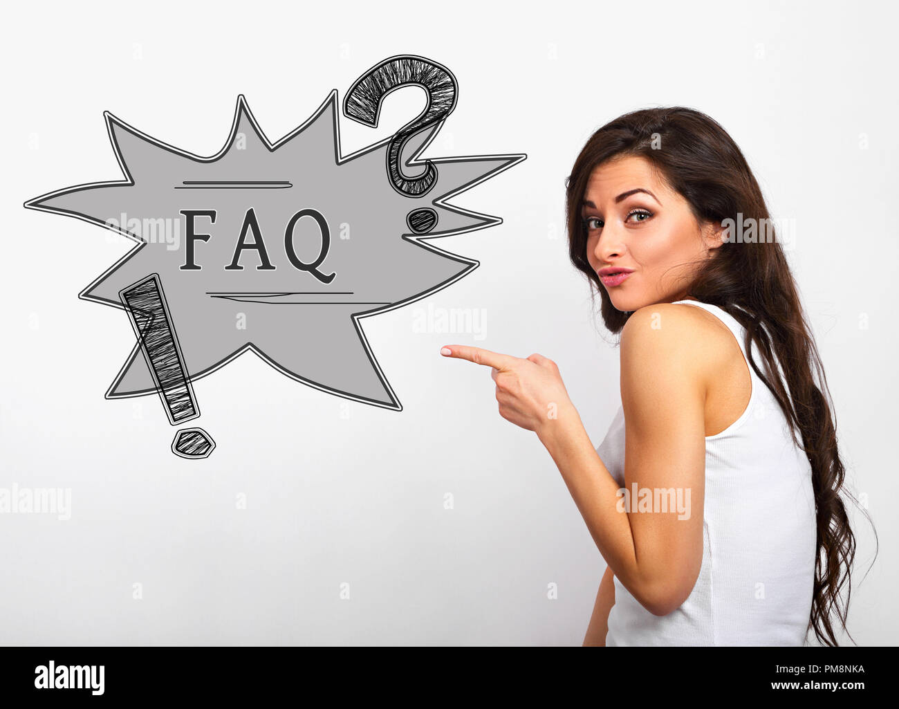 Happy smiling excited woman showing the finger on the speech bubble ...