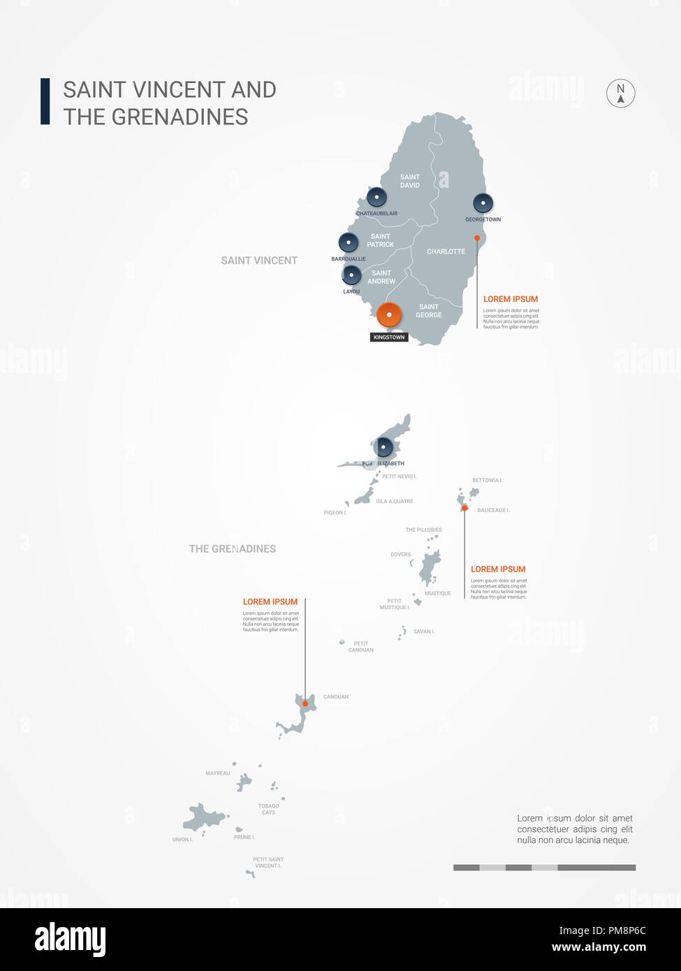 Saint Vincent and the Grenadines map with borders, cities, capital and ...