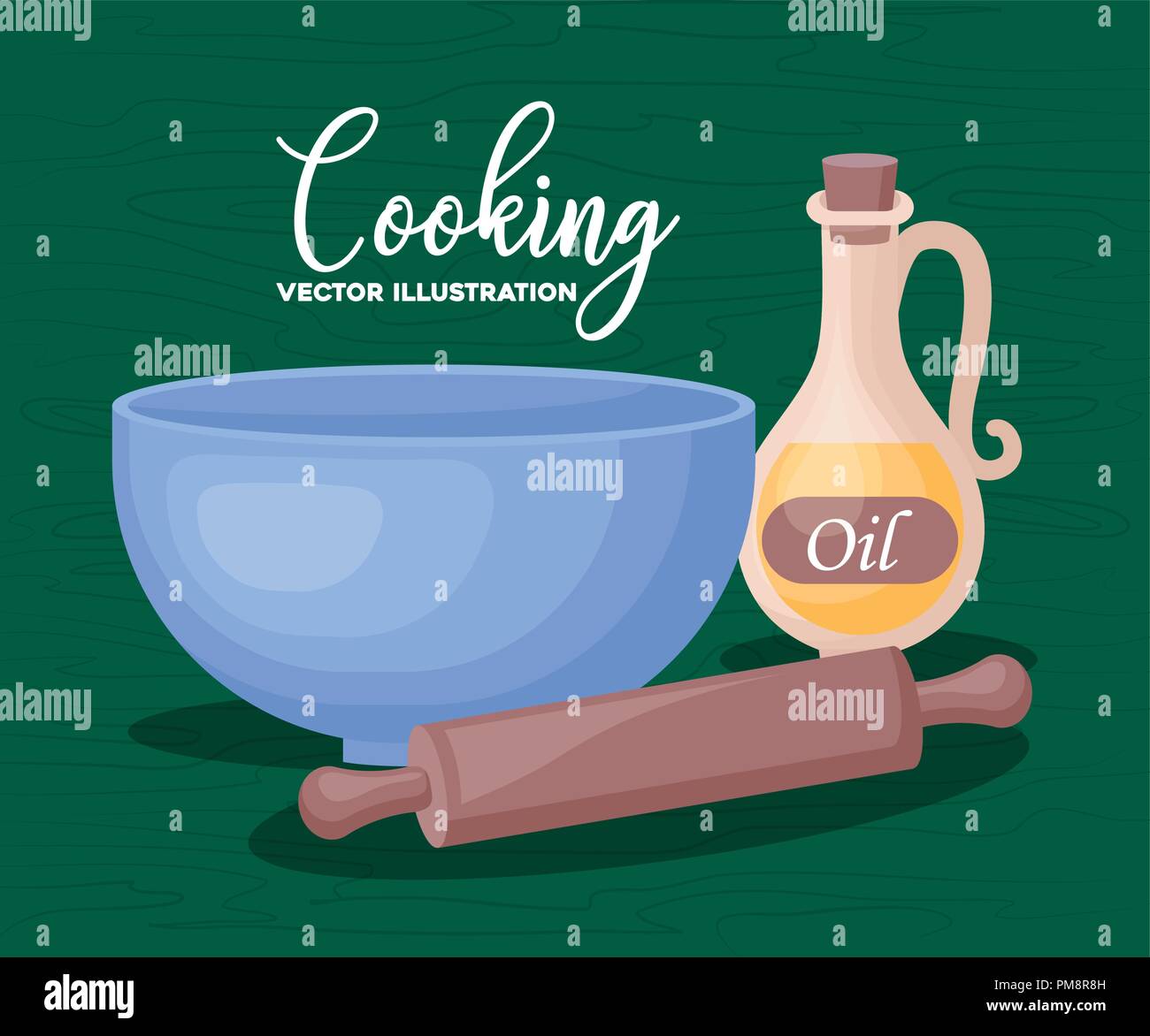 cooking utensils design with bowl and rolling pin over green background ...