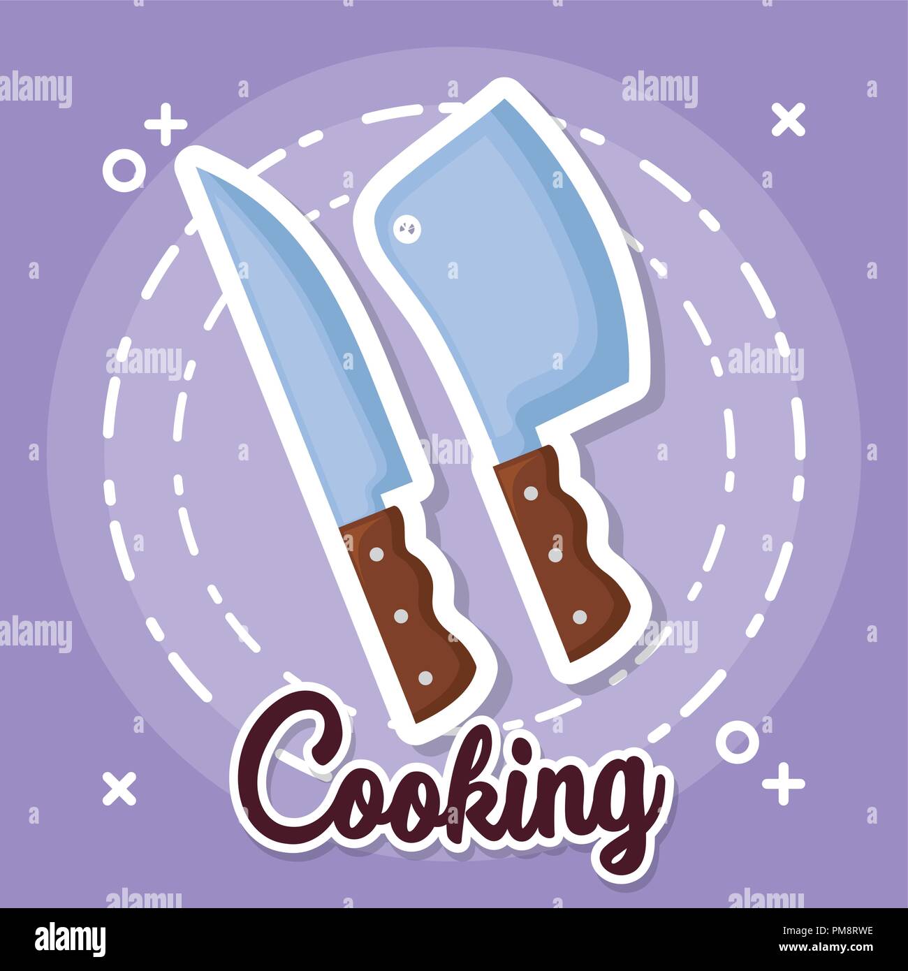 cooking utensils design with cleaver and knife over purple background ...