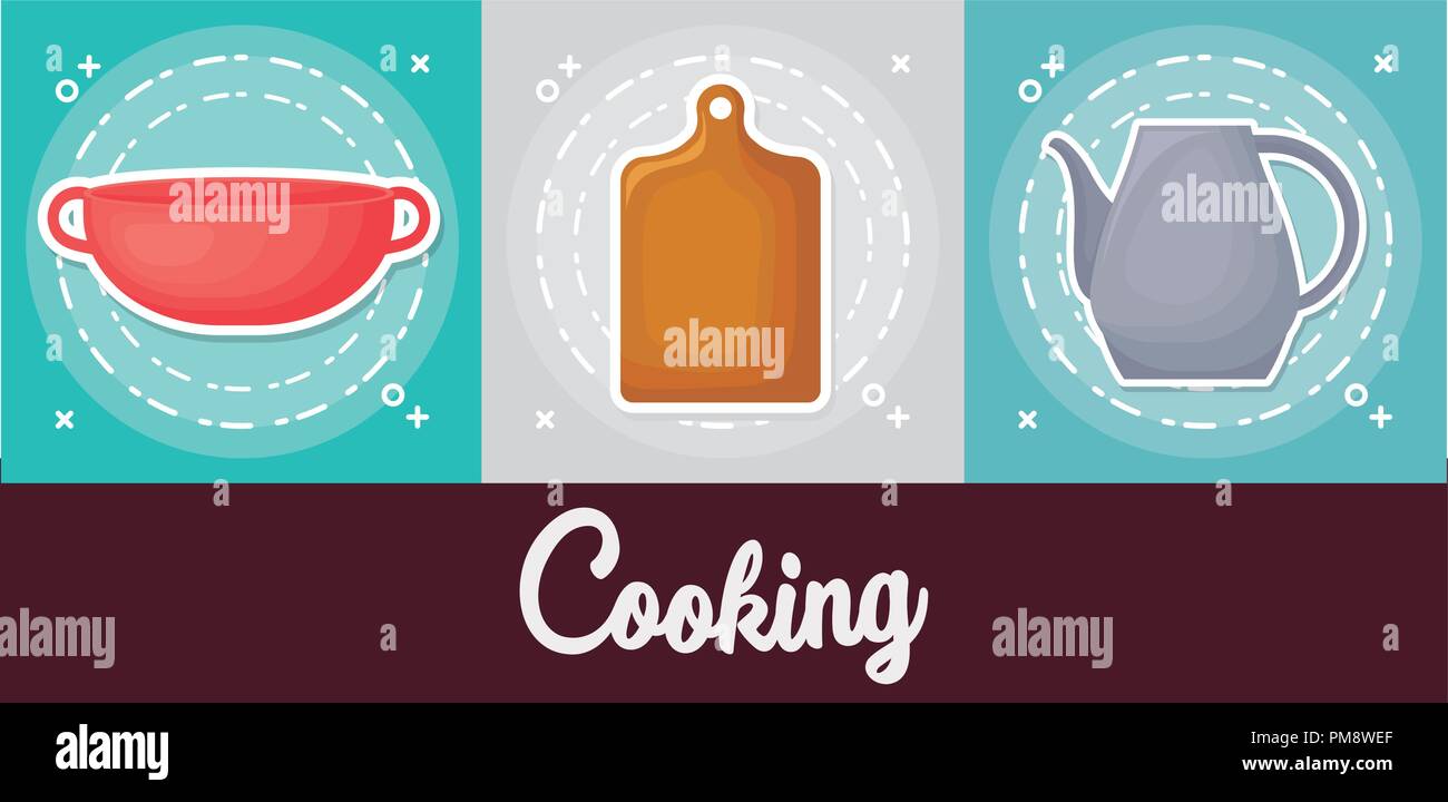 icon set of cooking utensils over colorful squares and brown background ...