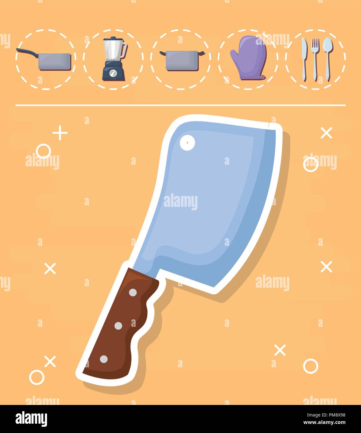 cleaver and cooking utensils around over yellow background, colorful ...