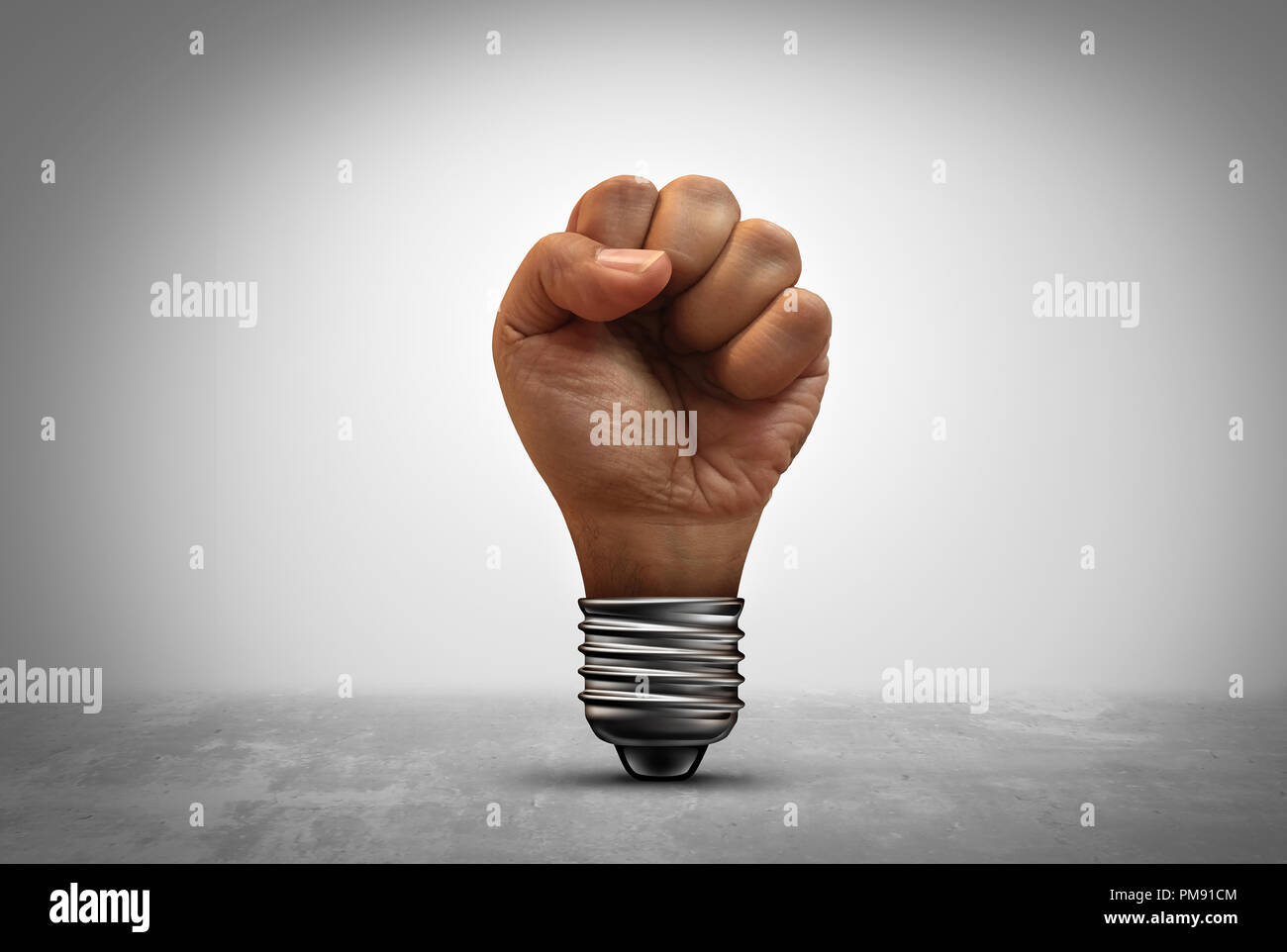 Power of idea concept as a human fist inside a light bulb socket with ...