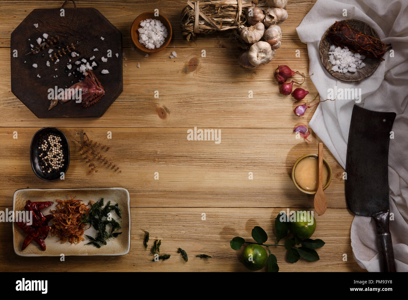 Thai food cooking ingredients with salt, garlic, dried chilli, pepper ...