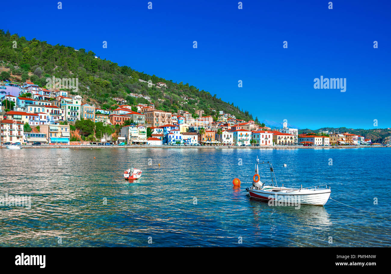 View of the picturesque coastal town of Gythio, Peloponnese, Greece ...