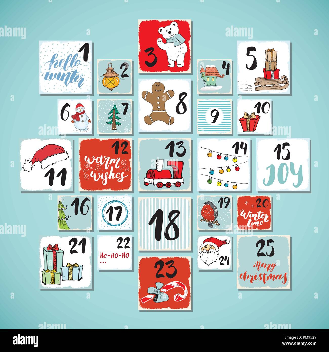 Christmas advent calendar. Hand drawn elements and numbers. Winter ...