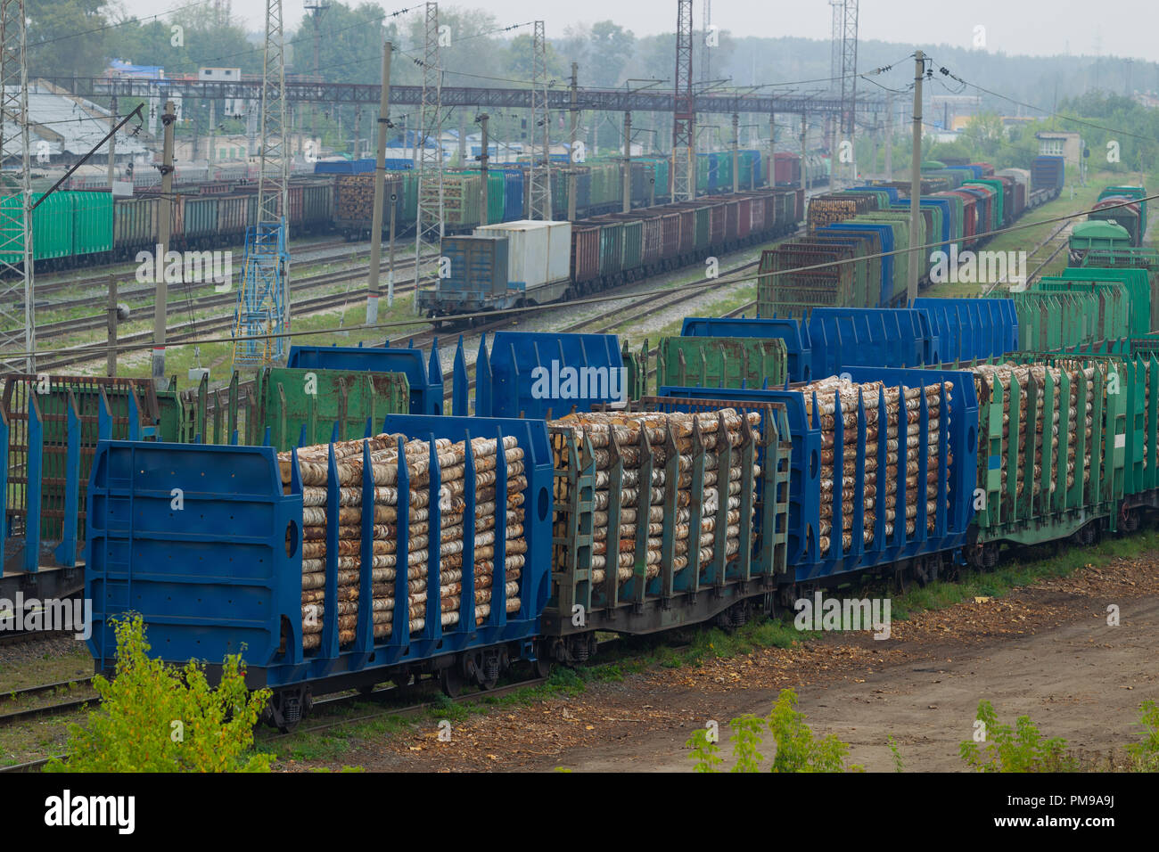 Freight trains, wagons with cargo stand on the railroad tracks of the ...