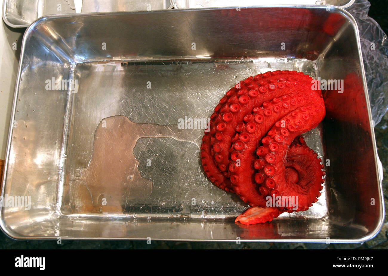 Tokyo, Japan. 21st Feb, 2006. The glaring red tentacles of an octopus ...